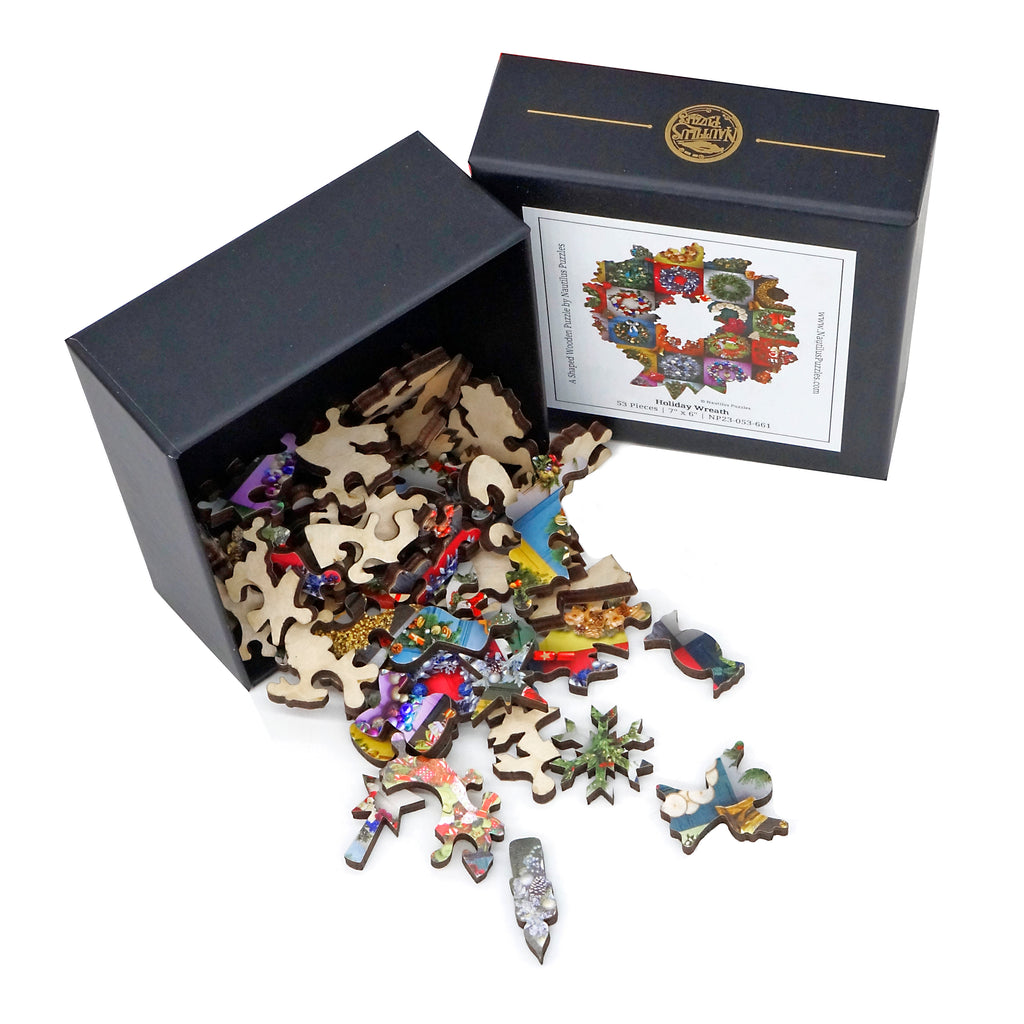 Holiday Wreath (53 Pieces) Shaped Christmas Mini Wooden Puzzle